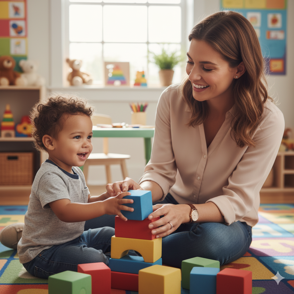 Therapist working with child on developmental activities